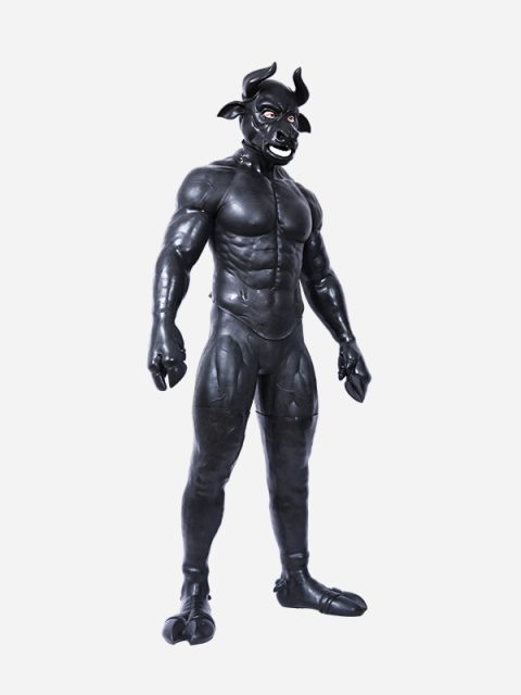 Silicone Black Bull Muscle Petsuit Set with Hoof Boots+Hoof Gloves