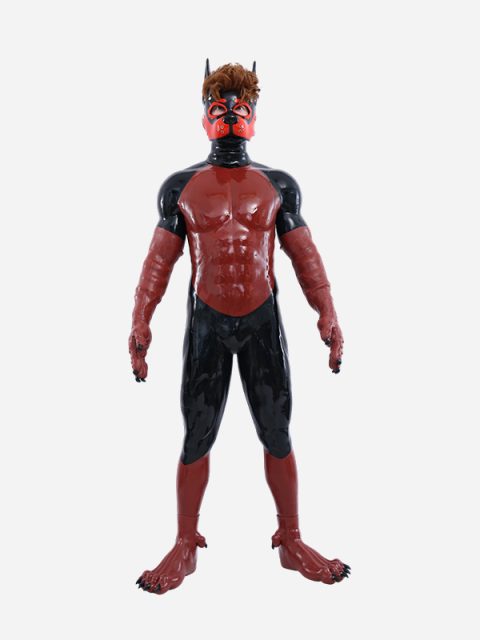 Red & Black Glossy Silicone Hair Muzzle Puppy Muscle Petsuit Set ...